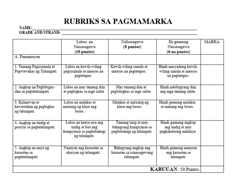 Rubriks Sa Pagtatalumpati | PDF