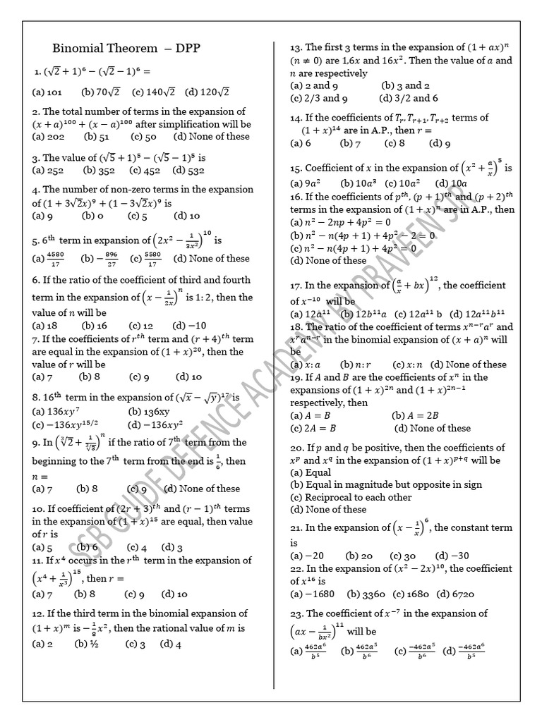 Binomial Theorem DPP | PDF | Mathematical Concepts | Complex Analysis