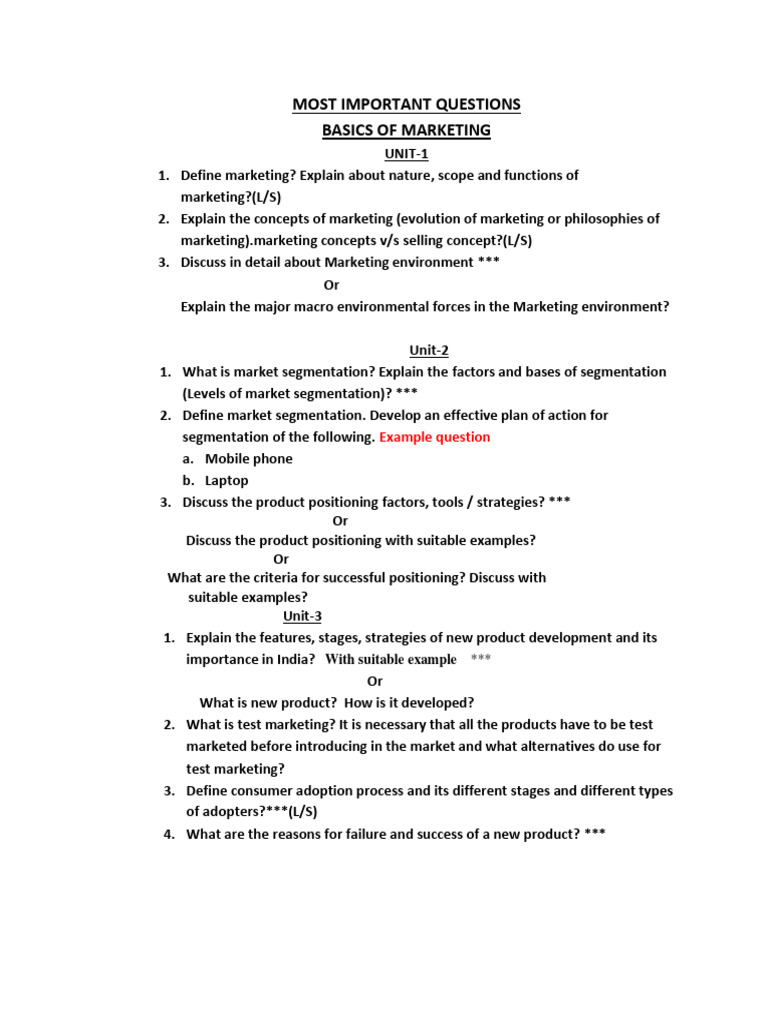 Key Questions in BBA Marketing Basics | PDF | Marketing | Market ...