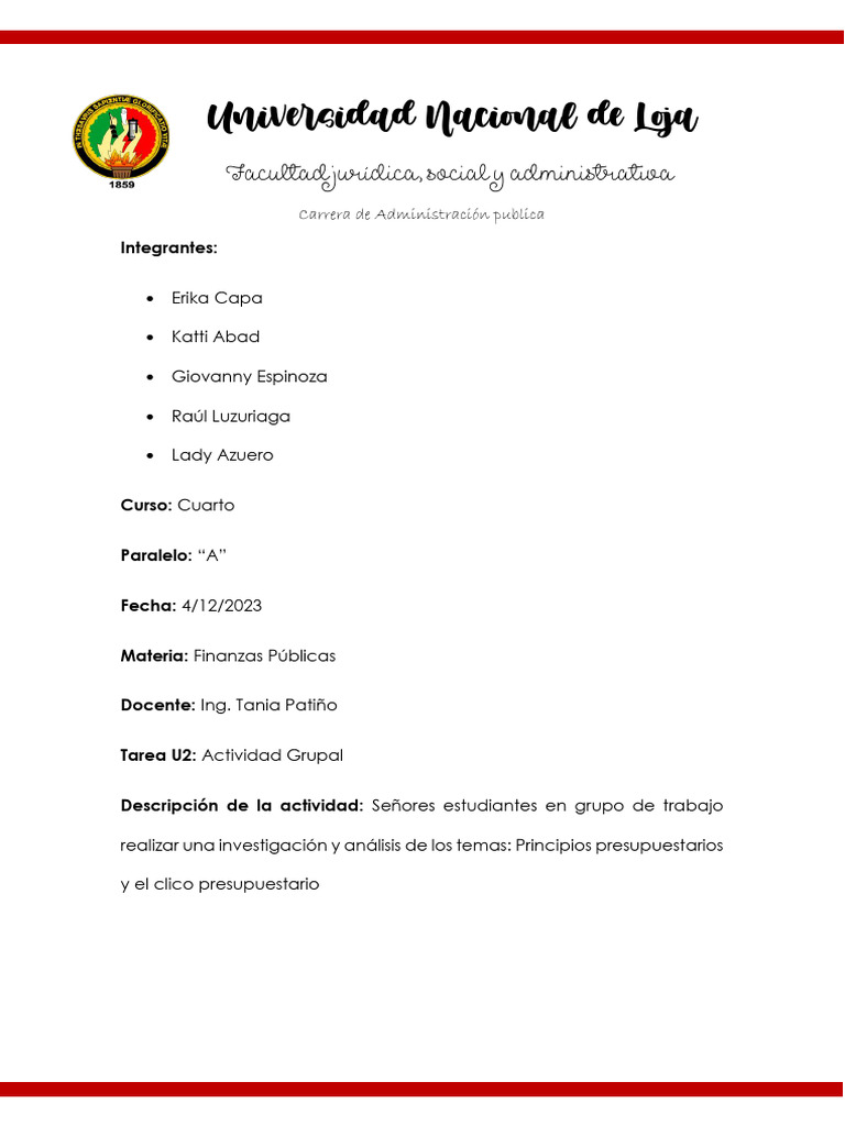 Tarea U2 Actividad Grupal Principios Presupuestarios | PDF | Presupuesto | Planificación