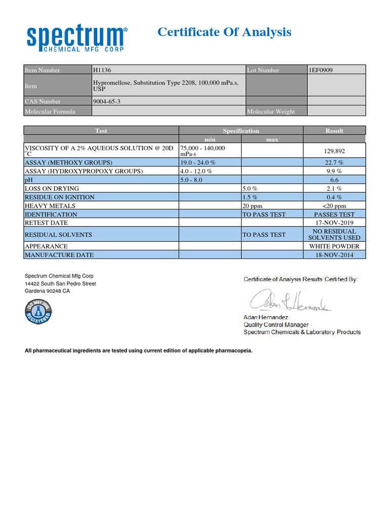 CoAs... Hidroxipropilmetilcelulosa (HPMC) (Methocel K100M Premium-2208 ...