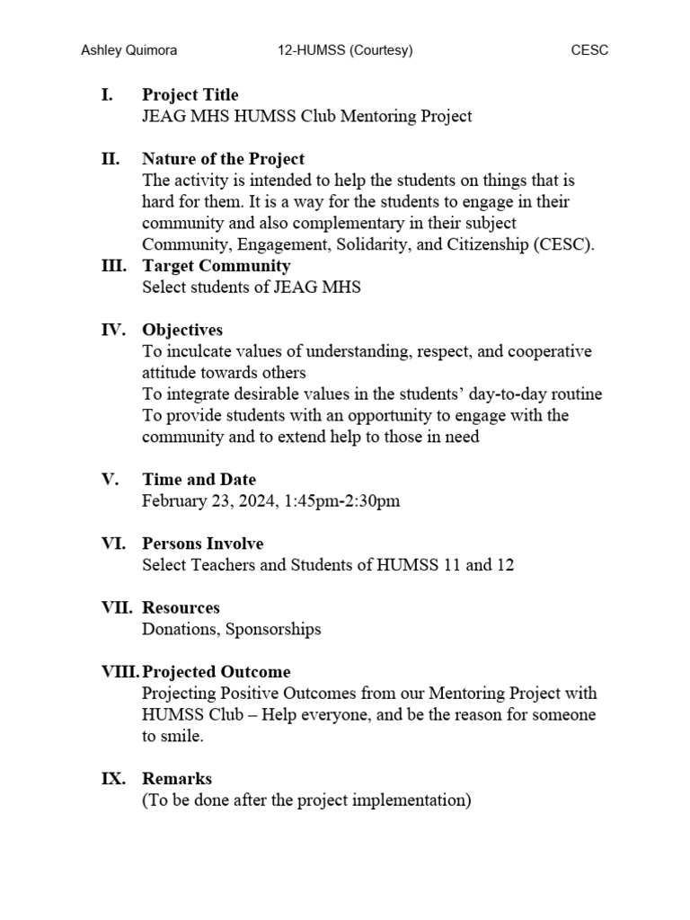 JEAG MHS HUMSS Club Mentoring Project | PDF | Career & Growth | Social ...