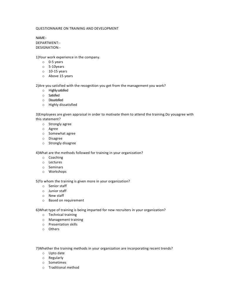 Questionnaire On Training and Development | PDF