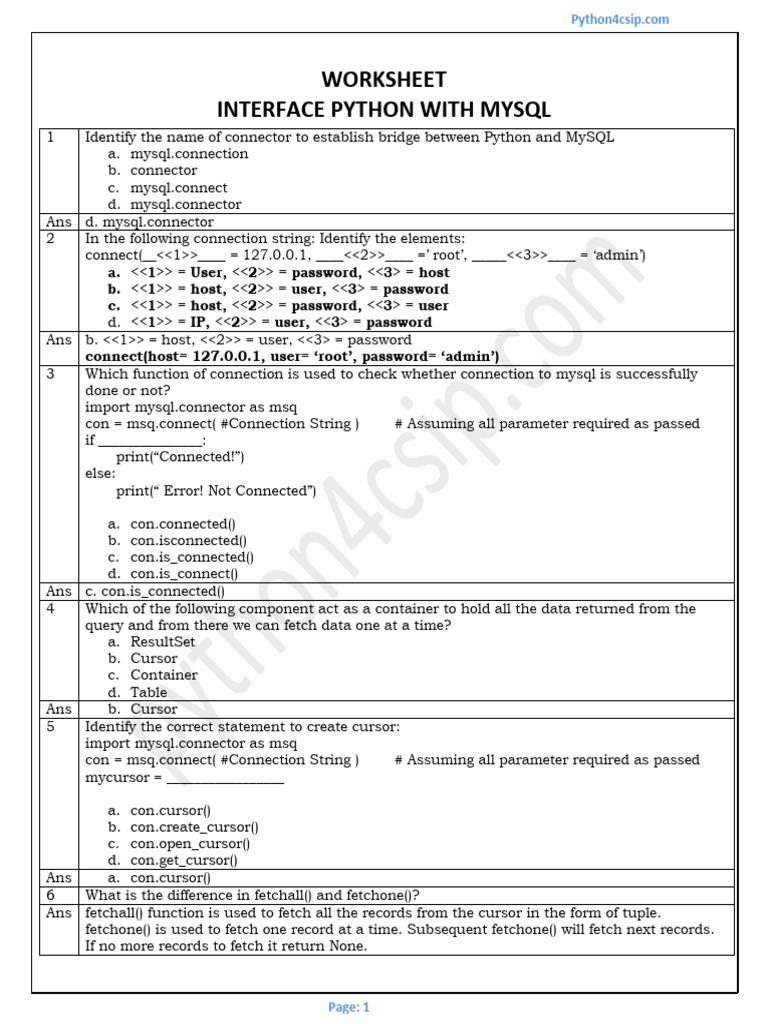 Solution Interface Python With Mysql Worksheet Pdf My Sql Software Engineering 5631