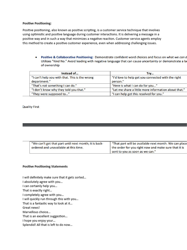 Positive Positioning Statements | PDF