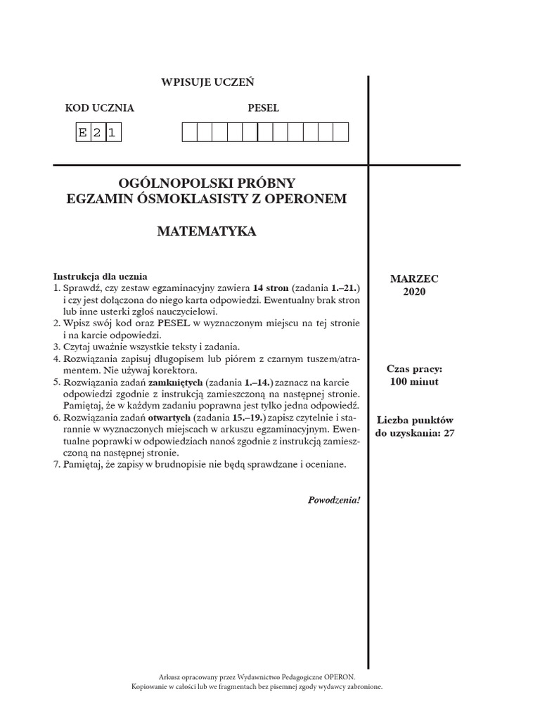 Matematyka Operon2020 (Marzec) | PDF