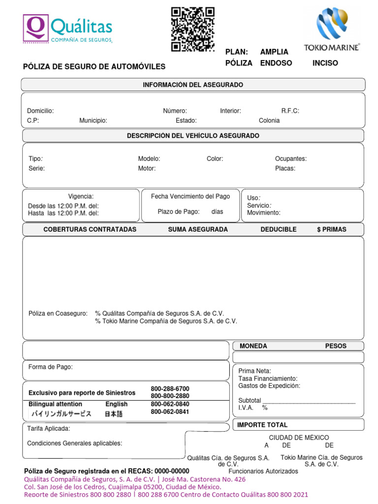 Poliza Qualitas en Blanco | PDF | Póliza de seguros | Riesgo financiero