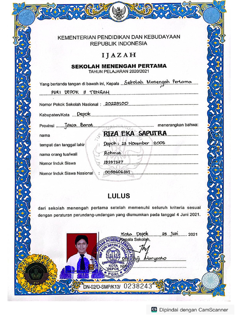 Ijazah SMP Riza | PDF