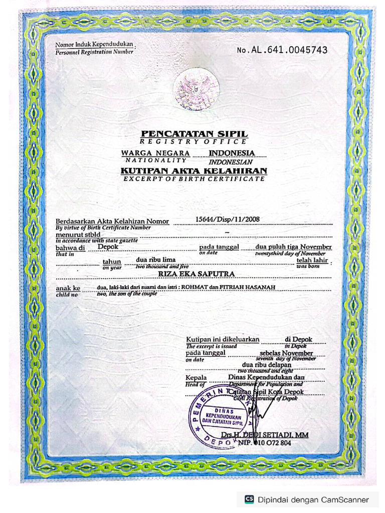 Akta Kelahiran Riza | PDF