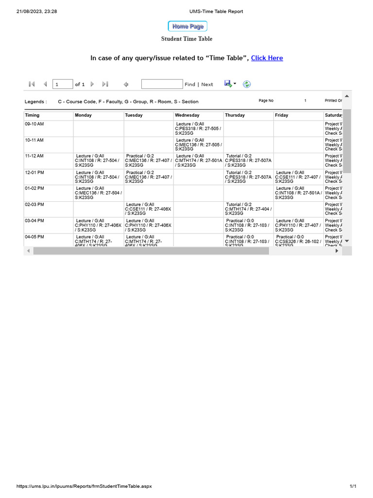 UMS-Time Table Report | PDF