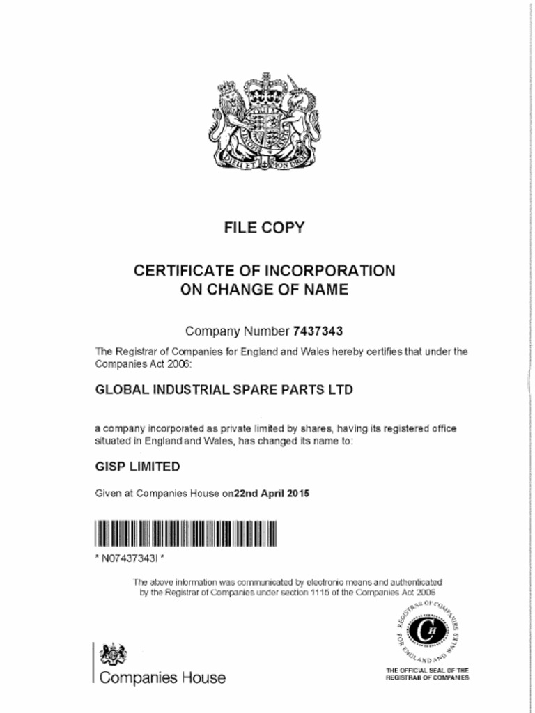 Certificate of Change of Company Name - GISP | PDF
