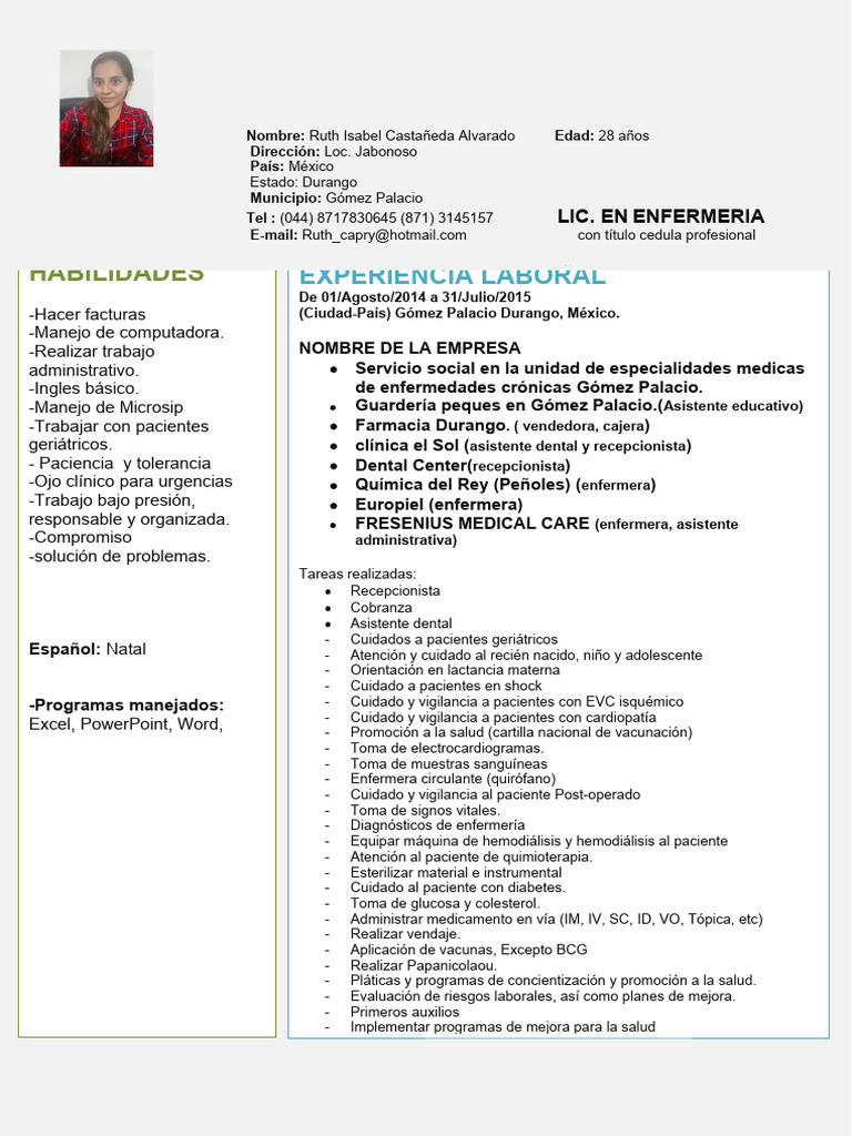 CV Ruth | Descargar gratis PDF | Enfermería | Medicina