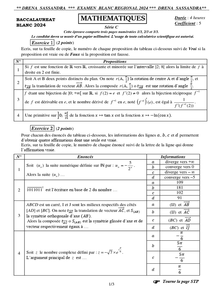 Sujet Maths Bac C 2024 PDF | PDF | Limite (mathématiques) | Coordonnées ...