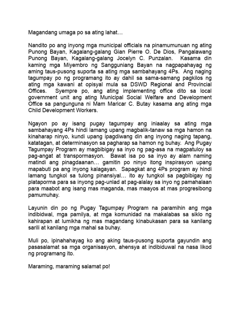 MESSAGE OF SUPPORT PUGAY TAGUMPAY 4Ps | PDF