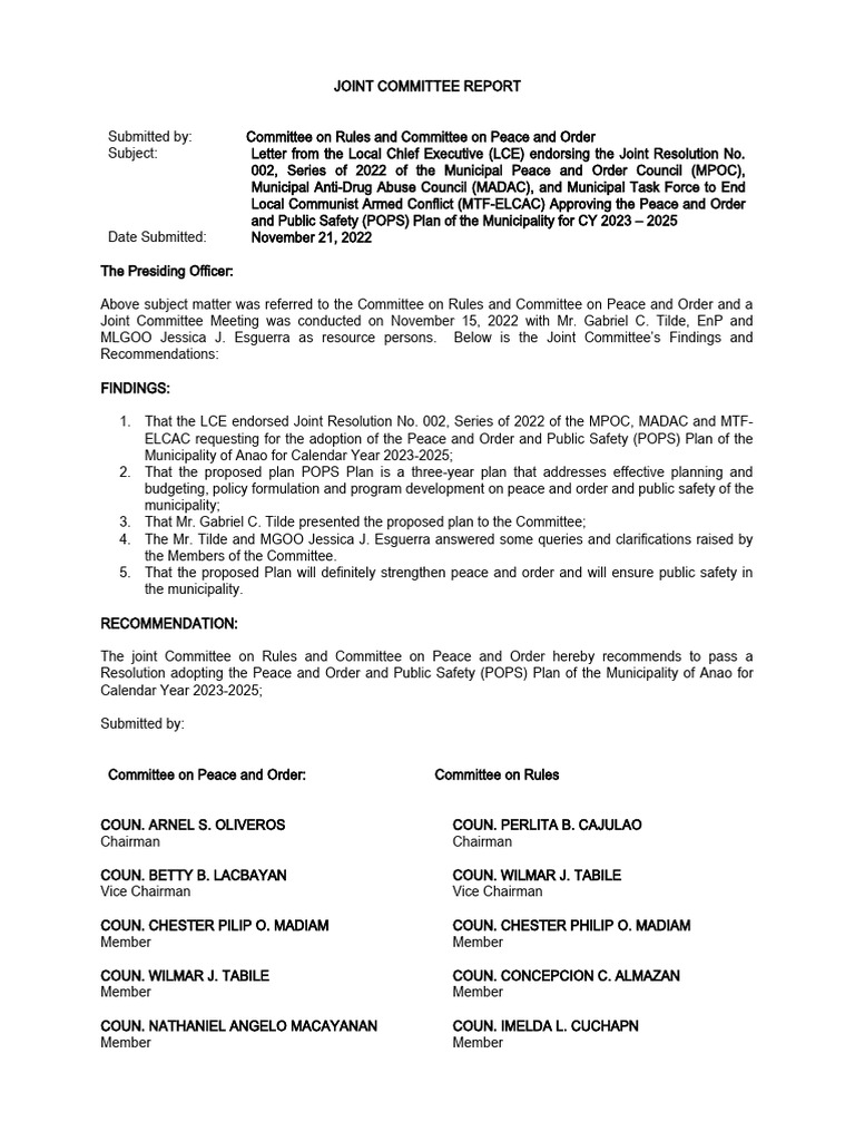 Joint Committee Report - Pops Plan | PDF | Government