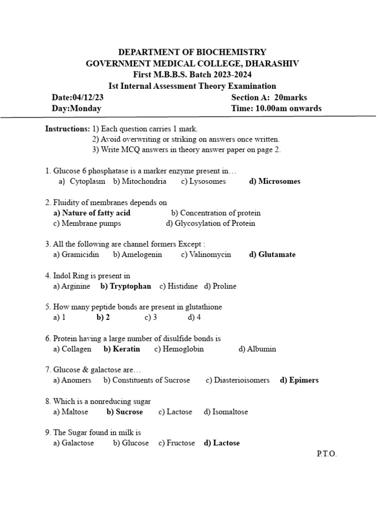 MCQ 1st IA 23-24 | PDF | Biochemistry | Chemistry
