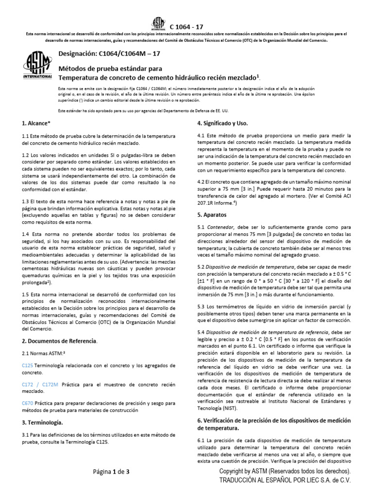 Astm C 1064-17 Temperatura Del Concreto Fresco | PDF | Hormigón | Medición