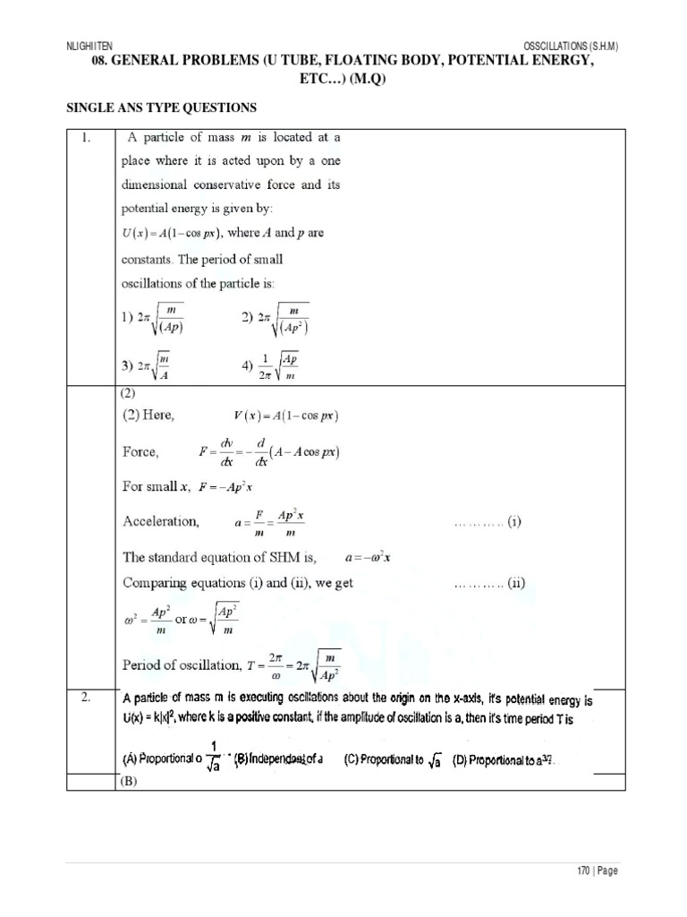 08 General Problems U Tube, Floating Body, Potential Energy, Etc | PDF ...