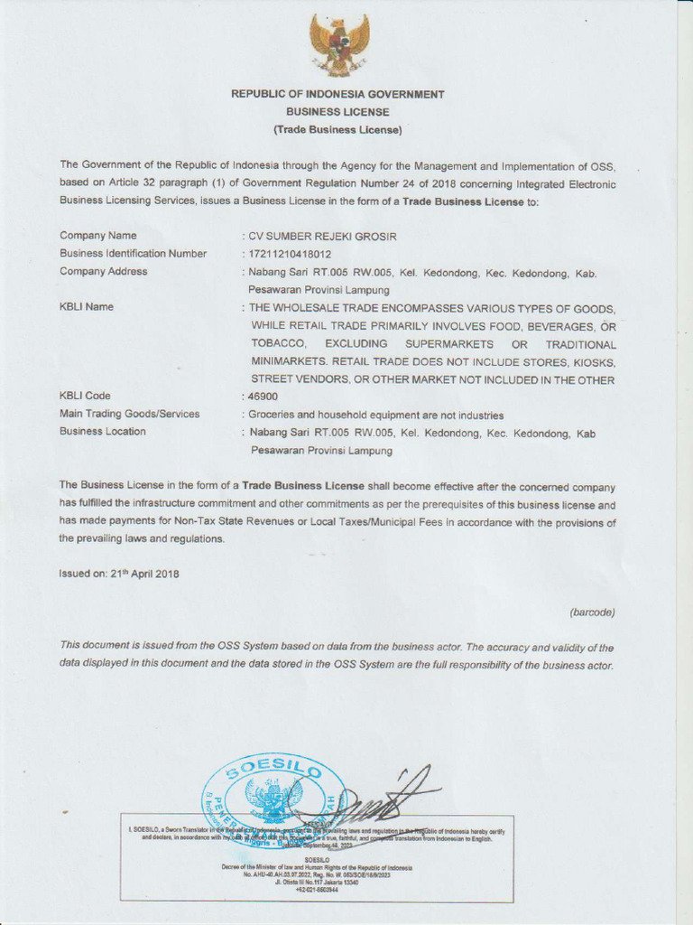 BUSINESS LICENSE TRANSLATE | PDF