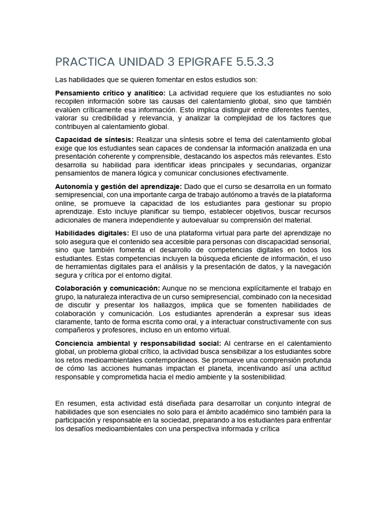 Practica Unidad 3 Epigrafe 5.5.3.3 | PDF | Aprendizaje | Entorno natural