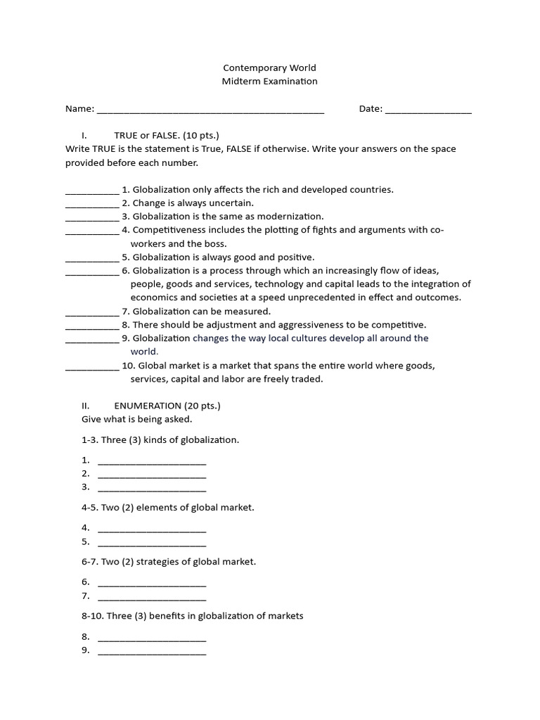 Contemporary World Midterm Examination | PDF | Globalization | Market ...