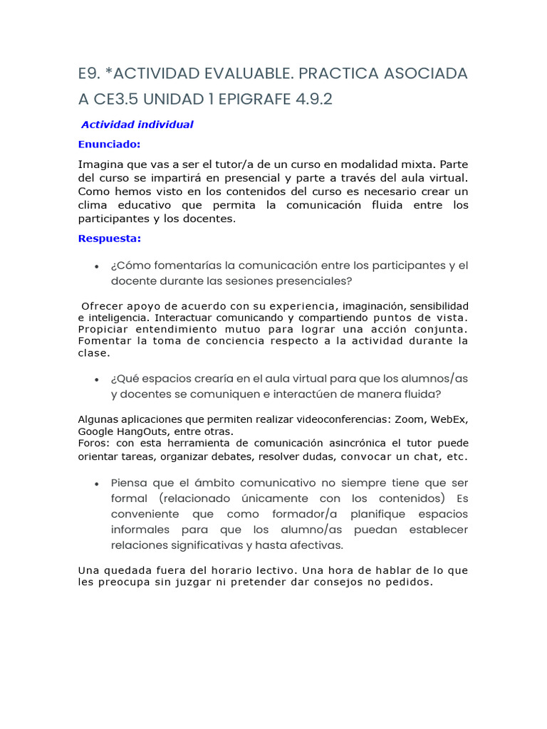 E9. Actividad Evaluable. Practica Asociada A Ce3.5 Unidad 1 Epigrafe 4.9.2 | PDF