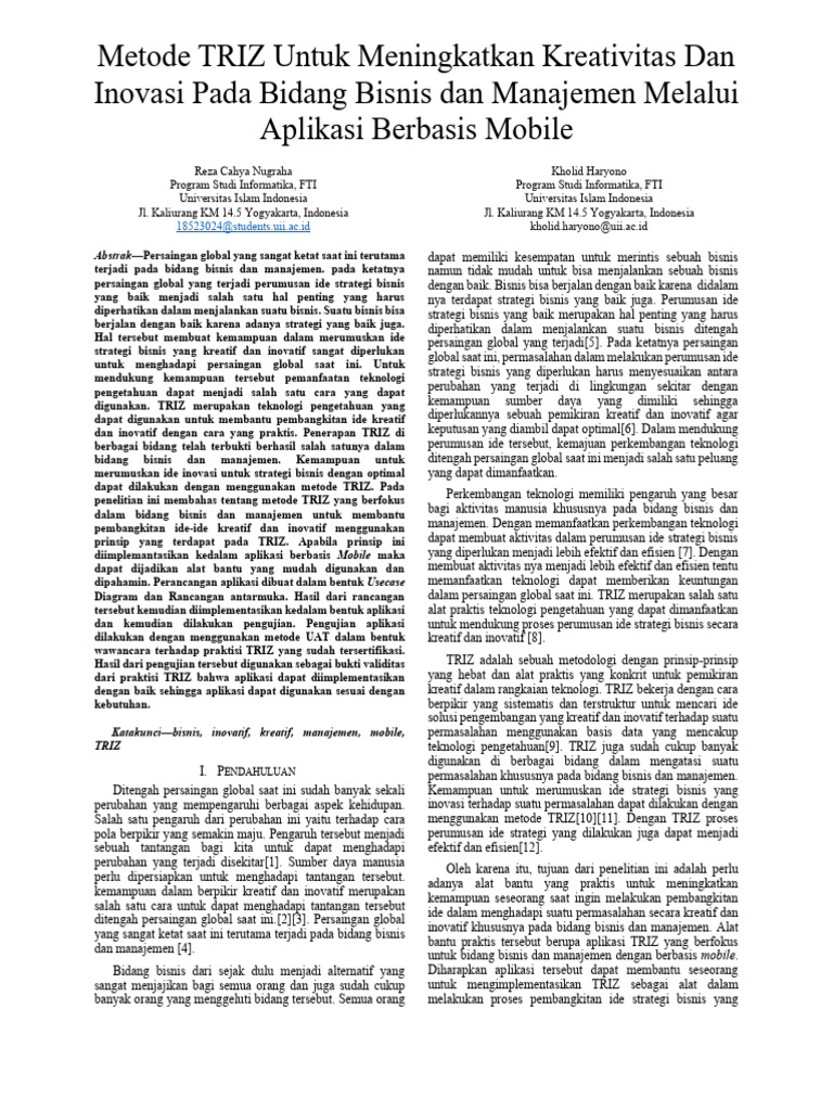 Metode TRIZ Untuk Meningkatkan Kreativitas Dan Inovasi Pada Bidang Bisnis Dan Manajemen Melalui ...