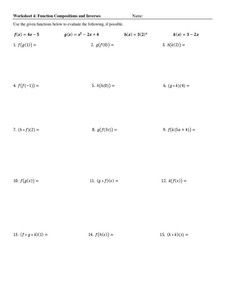 Worksheet 4 - Function Compositions and Inverses | PDF | Geometry ...