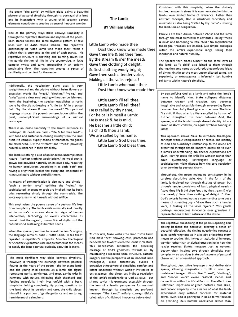 William Blake's The Lamb Discussion | PDF | William Blake | God