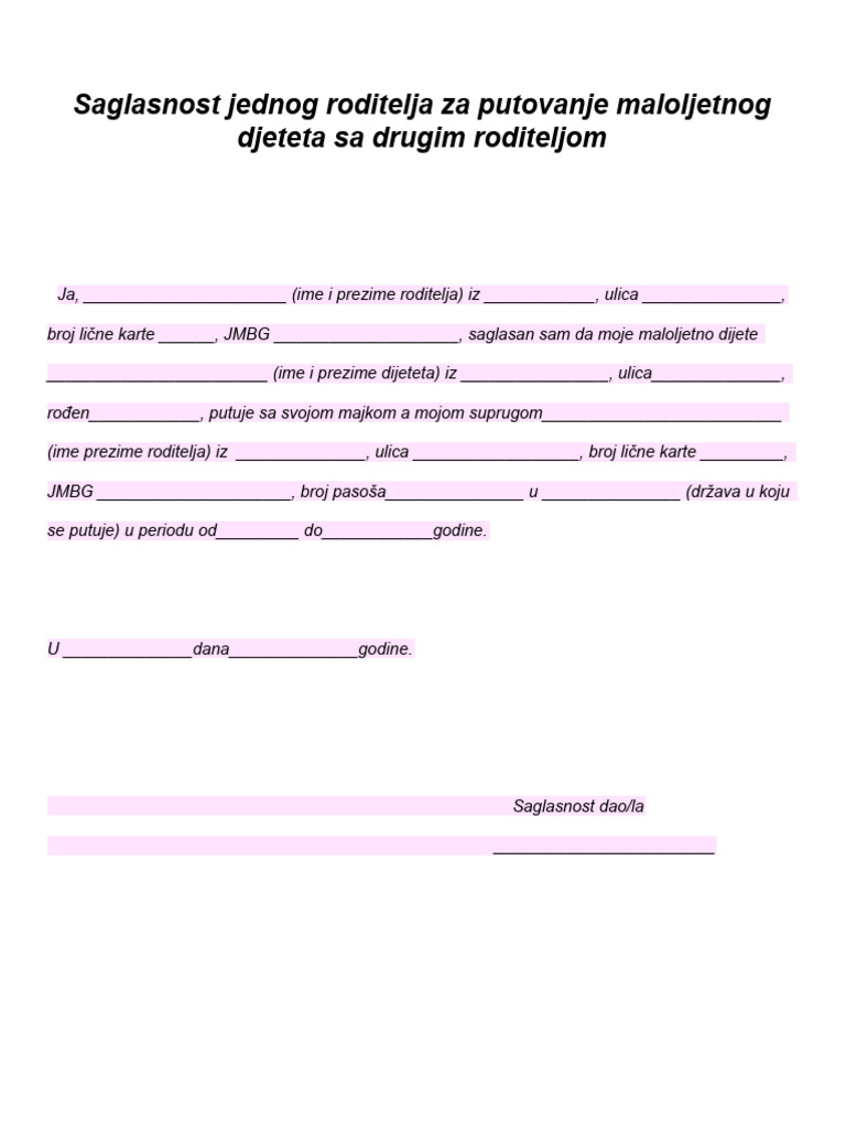 Saglasnost Roditelja Za Putovanje Djeteta | PDF