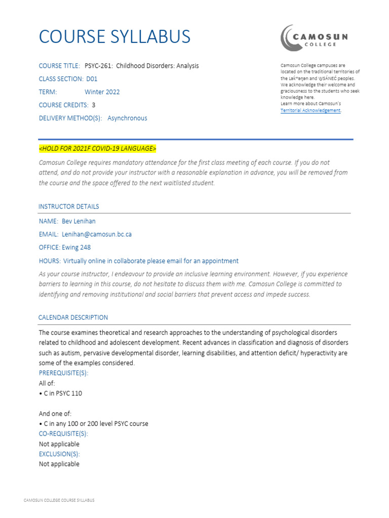 PSYC-261 Childhood Disorders Syllabus | PDF | Mental Disorder | Attention Deficit Hyperactivity ...