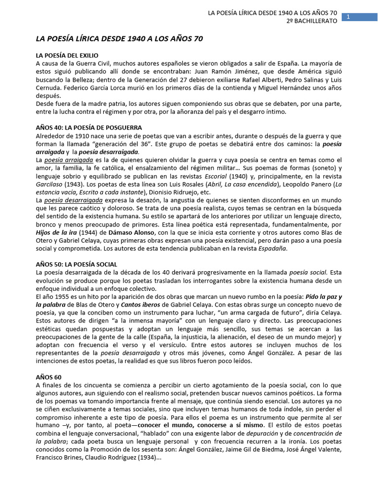 La Poesía Lírica Desde 1940 A Los Años 70 | PDF | Literatura en español ...