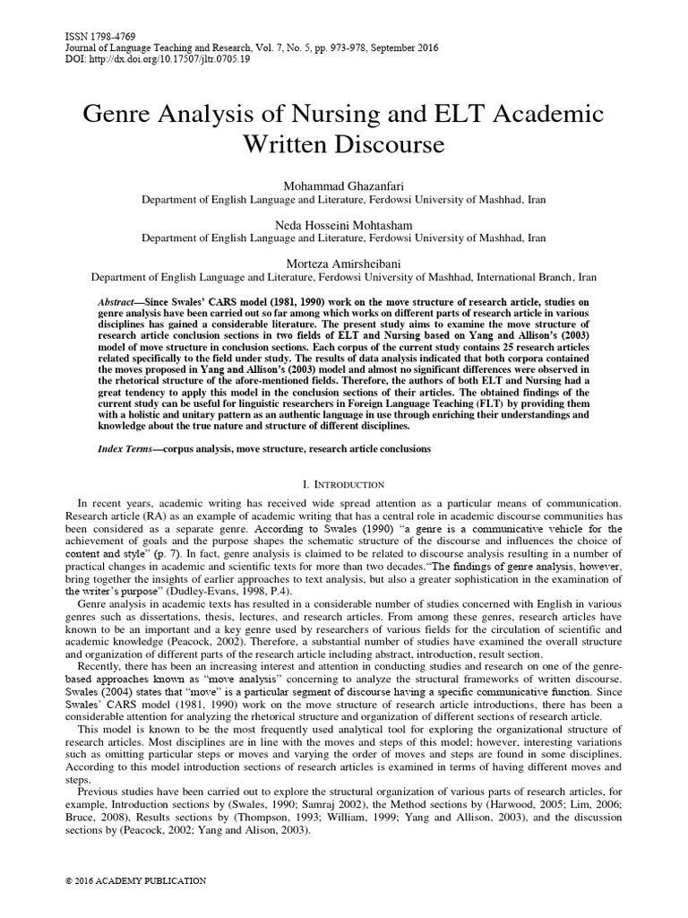 Genre Analysis of Nursing and ELT Academ | PDF | Linguistics | Methodology