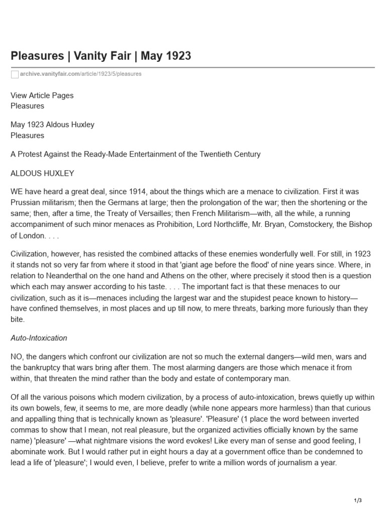 Aldous Huxley - Pleasures Vanity Fair May 1923 | PDF | Pleasure