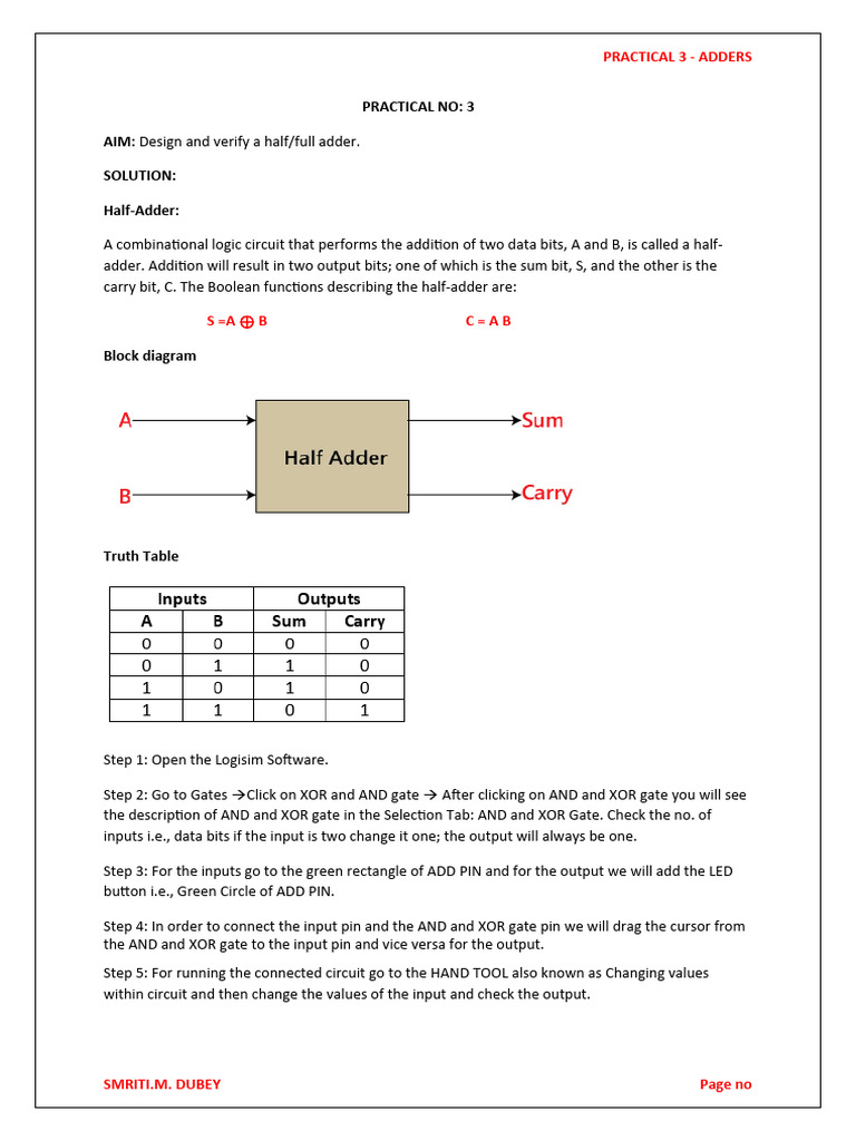 Practical 3 - Adders | PDF | Computer Engineering | Mathematical Logic