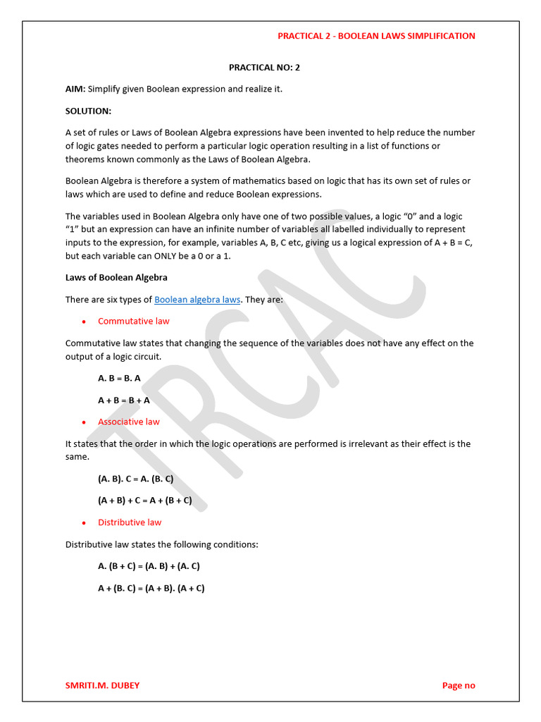 PRACTICAL 2 - BOOLEAN LAWS SIMPLIFICATION | PDF | Boolean Algebra | Teaching Mathematics