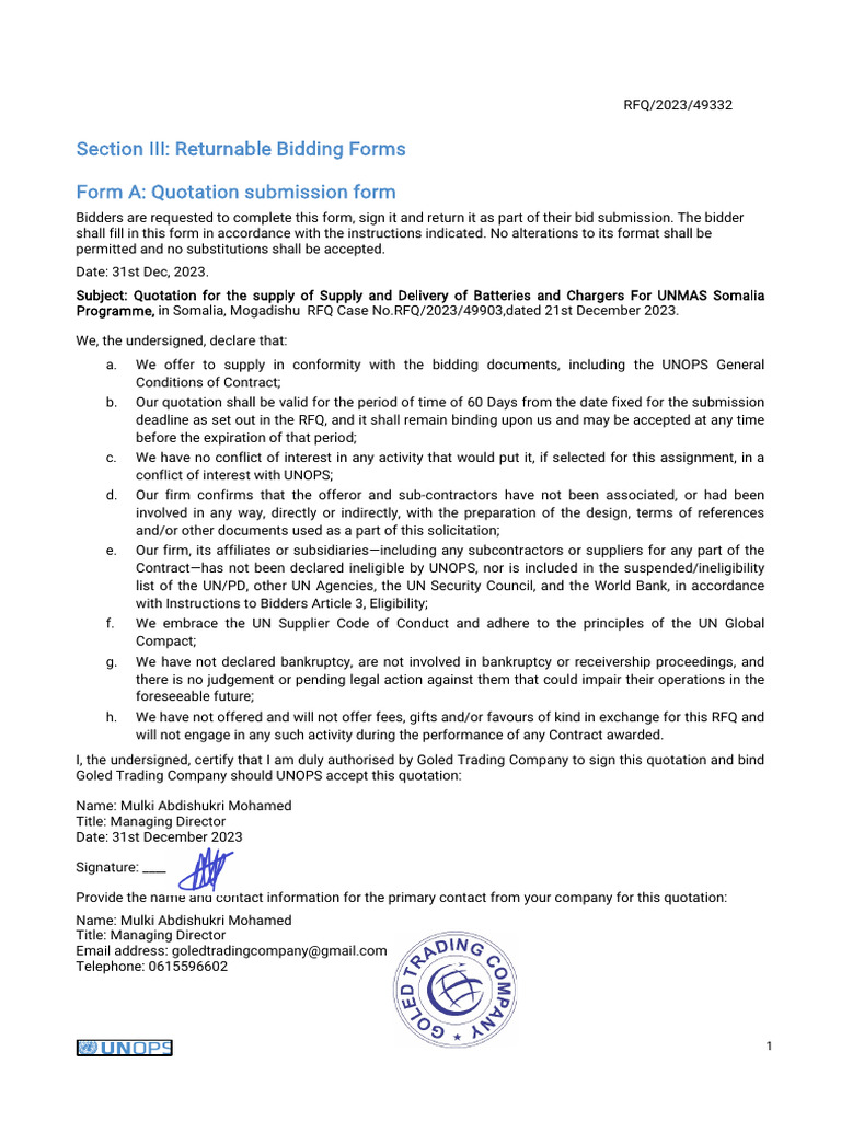 Form A. Quotation Submission Form | PDF | Offer And Acceptance | United ...