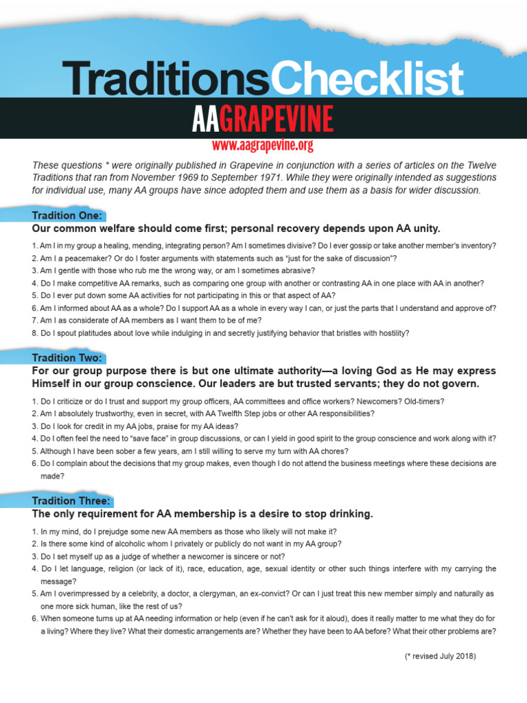 AA Traditions Self-Reflection Checklist | PDF | Alcoholics Anonymous ...