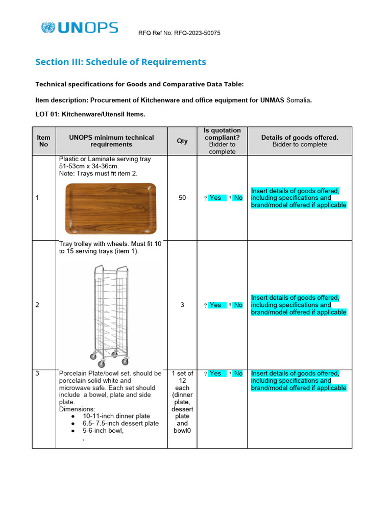 RFQ_Section_II_Schedule of Requirements__RFQ_2023_50075 Rev 1 | PDF | Cookware And Bakeware ...