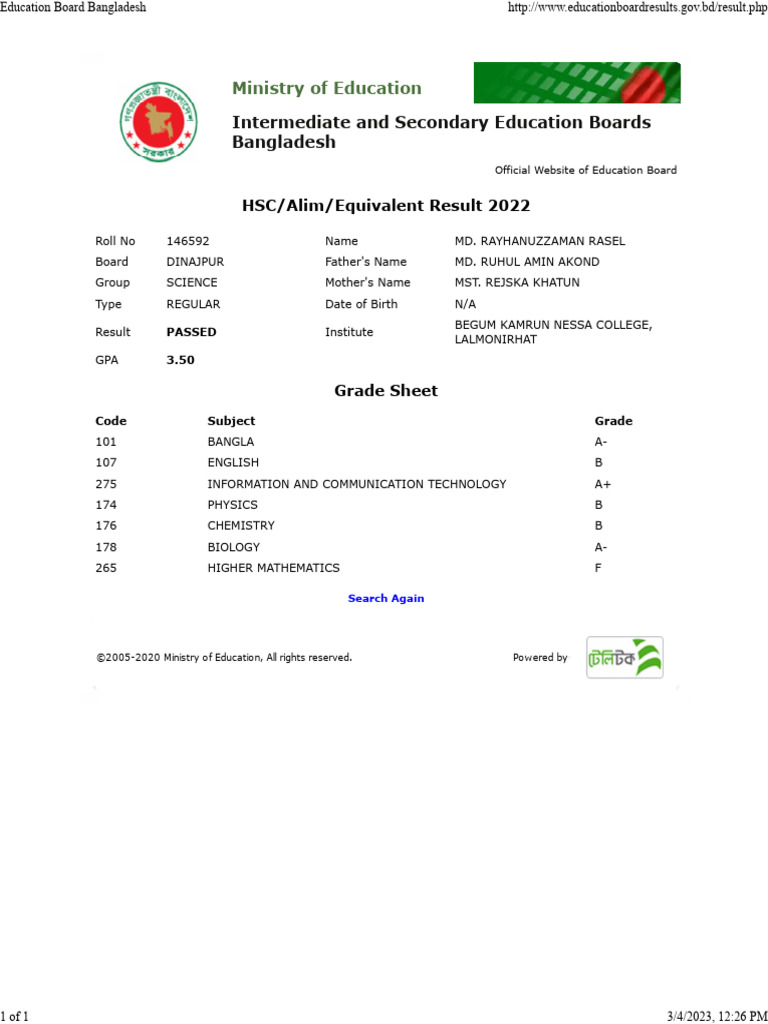HSC RESULT | PDF | Educational Institutions | Qualifications