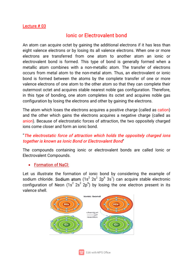 Lec # 03 Ionic or Electrovalent Bond | PDF | Physical Chemistry ...