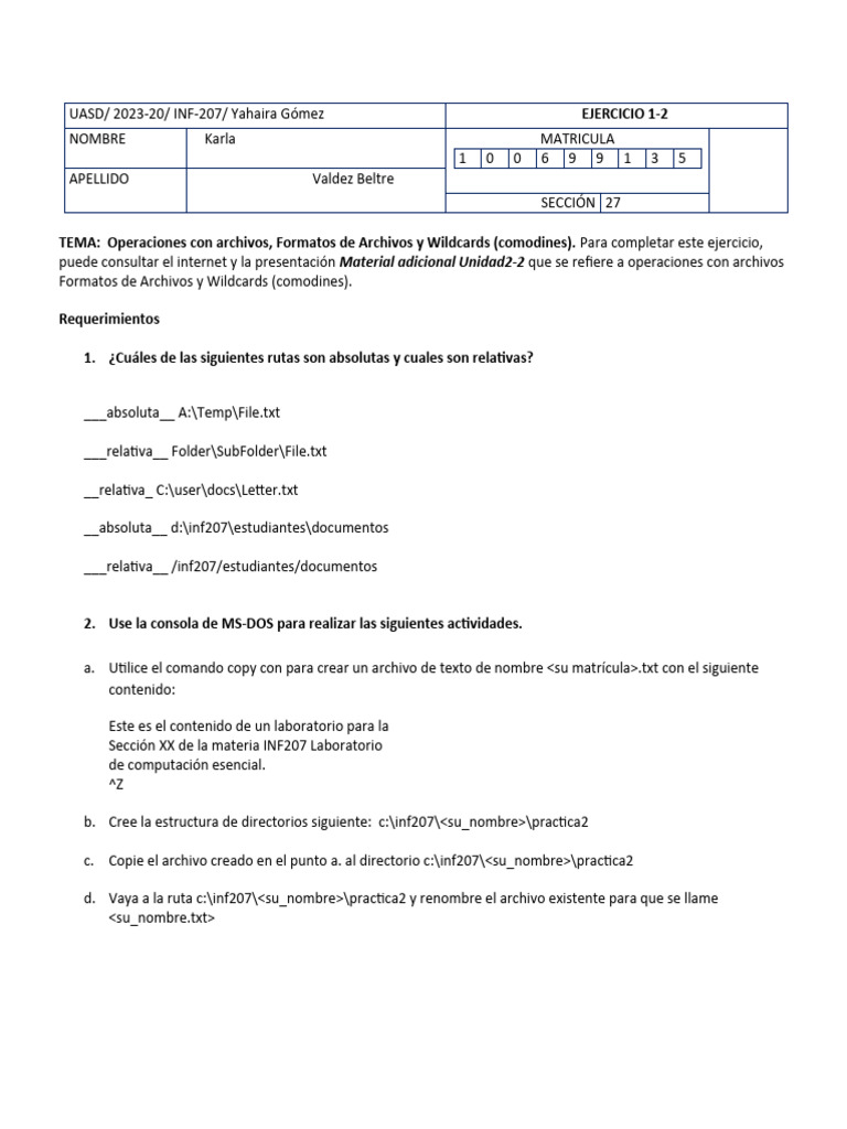 INF207 - Unidad1 - Ejercicio - 1 - 2 2023-20 | PDF | Archivo de computadora | Plataformas de ...