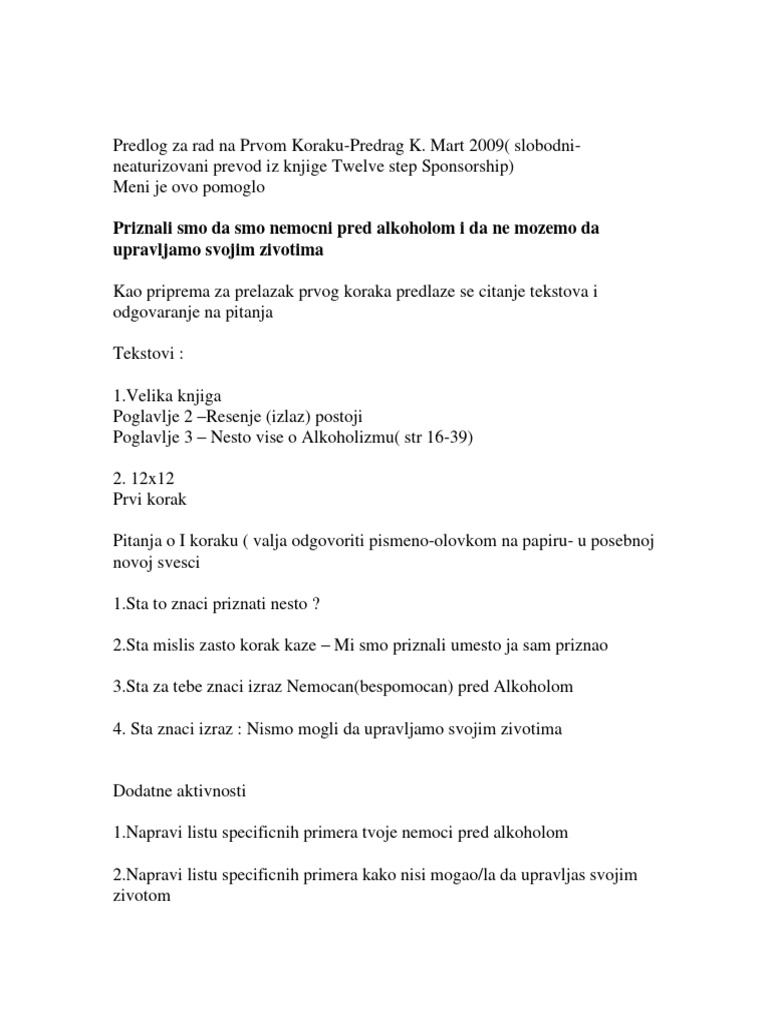 Uputstvo Za Rad Na Prvom Koraku, Predlog P. K. | PDF