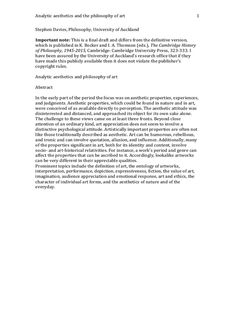 Davies, Analytic Aesthetics and The Philosophy of Art | PDF ...