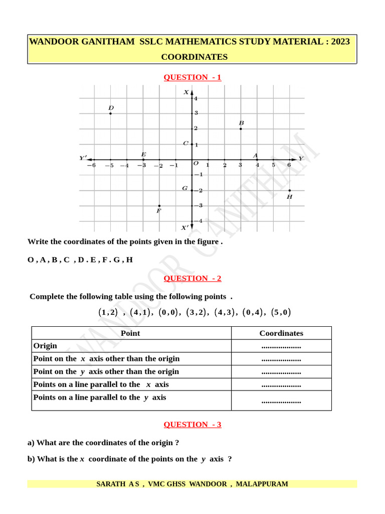 SSLC Coordinate Geometry Questions | PDF | Area | Triangle