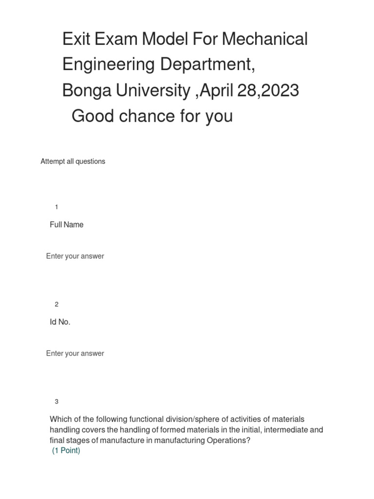 Exit Exam Model For Mechanical Engineering Department, Bonga University ...