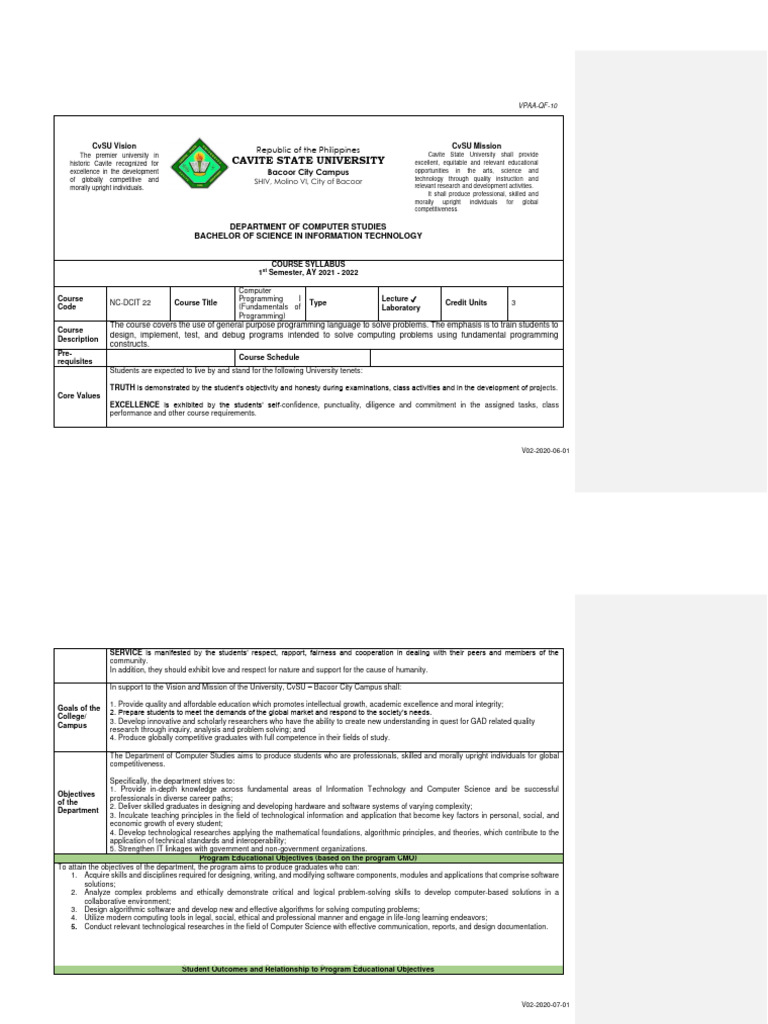 AY 2022 2023 BSIT Course Syllabus NC DCIT 22 Computer Programming I | PDF | Science | Computing