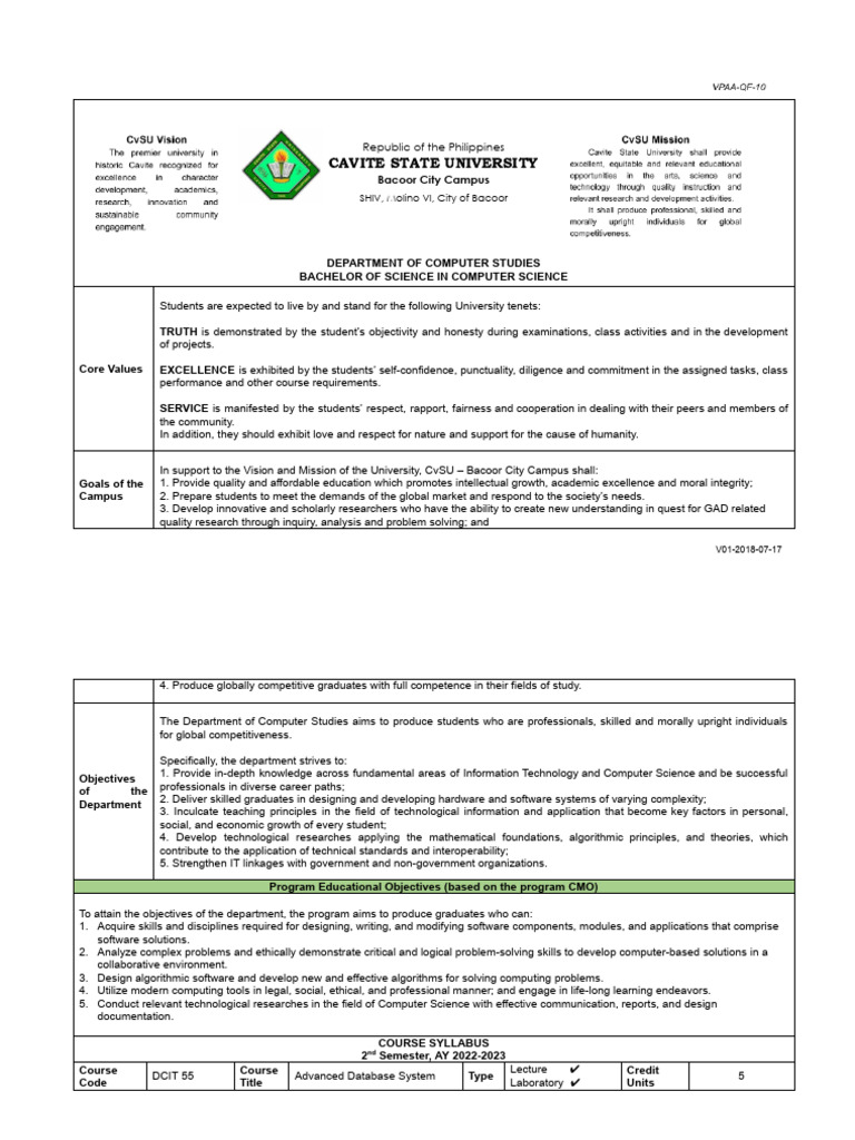 DCIT55 Course Syllabus BSCS | PDF | Databases | Computing