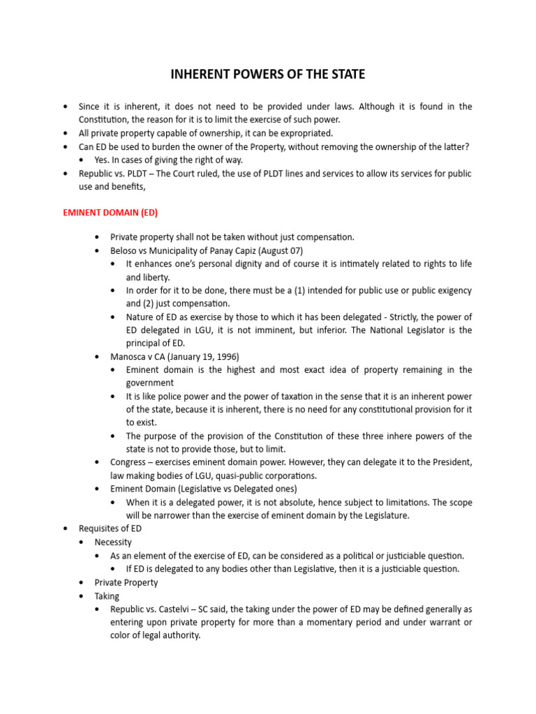 Inherent Powers of The State | PDF | Eminent Domain | Just Compensation
