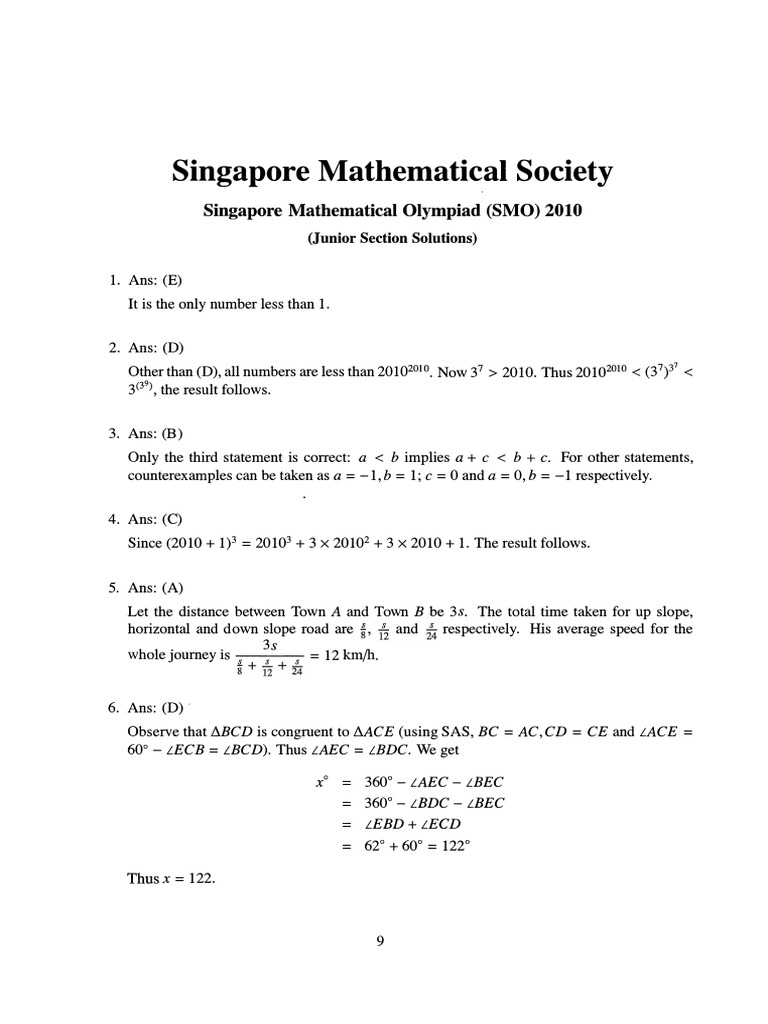 Junior Section - First Round Solutions - SMO Singapore Mathematical ...